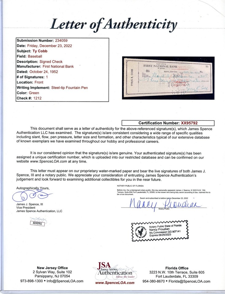 TY COBB SIGNED CHECK JSA FULL SIZE LETTER OF AUTHENTICITY GREEN INK ...