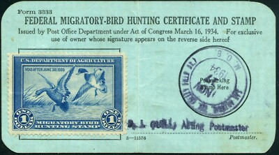 RW1 1934 FEDERAL DUCK FORM 3333 SAN ANTONIO TX M.O.B. NOV 17 1934 LIGHT ...