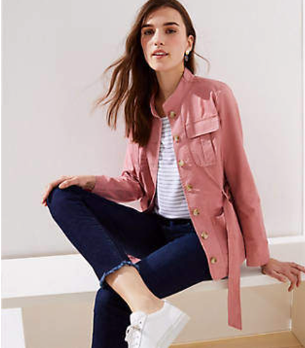 LOFT Pink Utility Jacket - Size Large, 100% Cotton, Snap Front, Belted ...