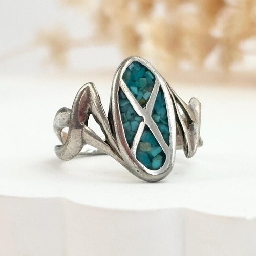 Southwest Style Crushed Turquoise Vintage Modernist Silver Toned Ring ...