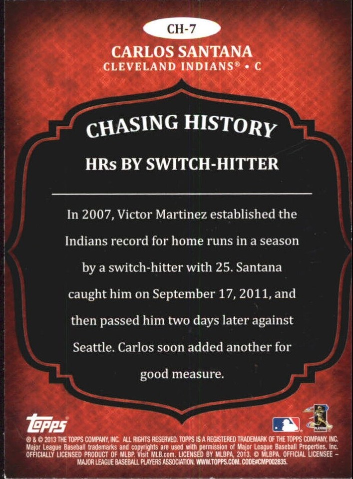 2013 (INDIANS) Topps Chasing History #CH7 Carlos Santana | eBay