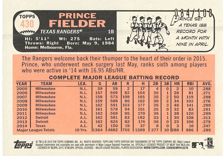 PRINCE FIELDER 2015 TOPPS HERITAGE MINI BASEBALL #84/100 | eBay