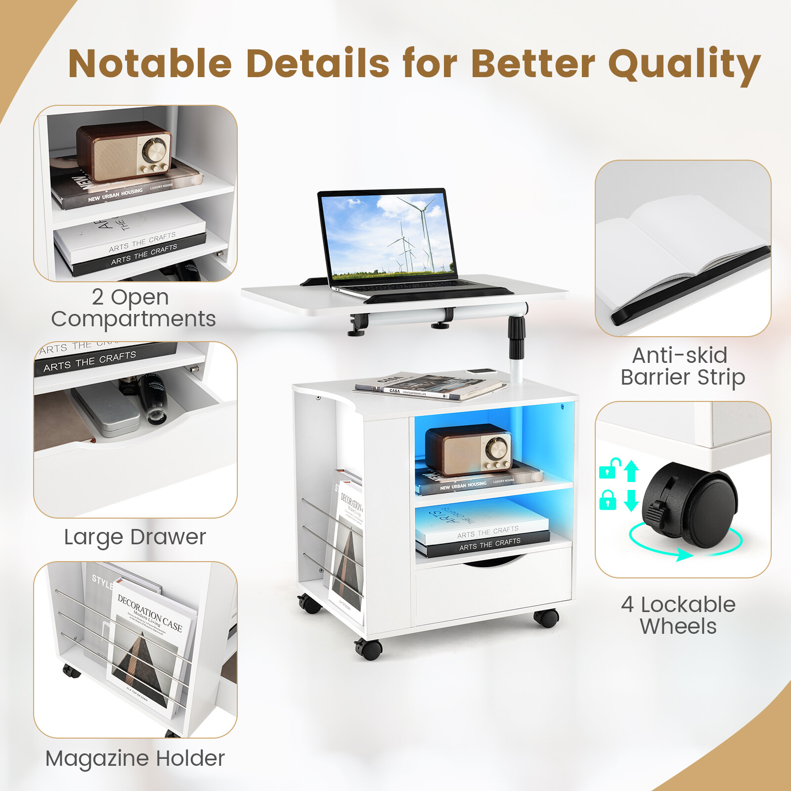 Nightstand Bedside Table Swivel Laptop Tray with Charging Station and ...