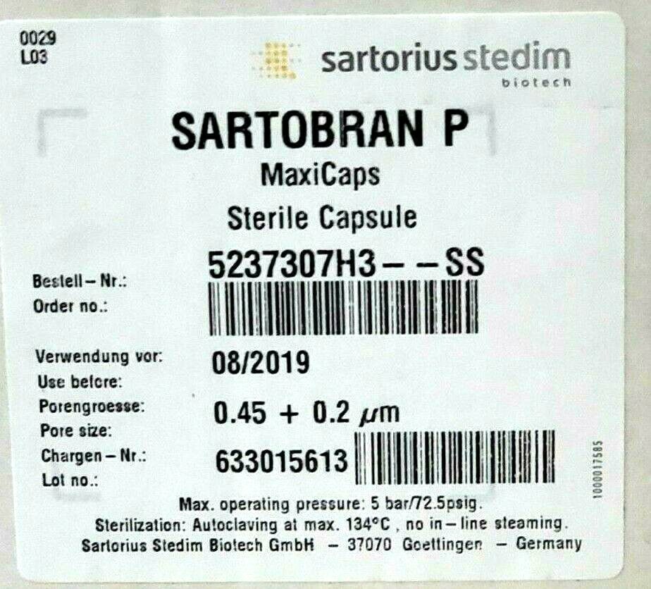 NIB SARTORIUS STEDIM SARTOBRAN P 5237307H3-SS PORE SIZE: 0.45 + 0.2UM ...