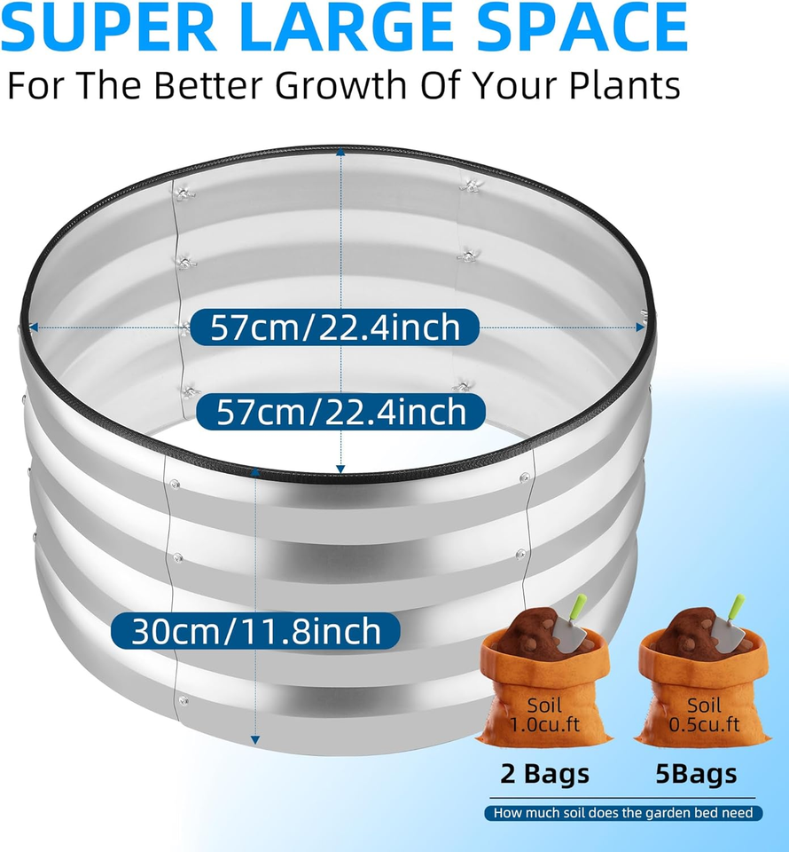 Round Galvanized Raised Garden Bed Kit - Silver Metal Planter Box - 2Ft ...