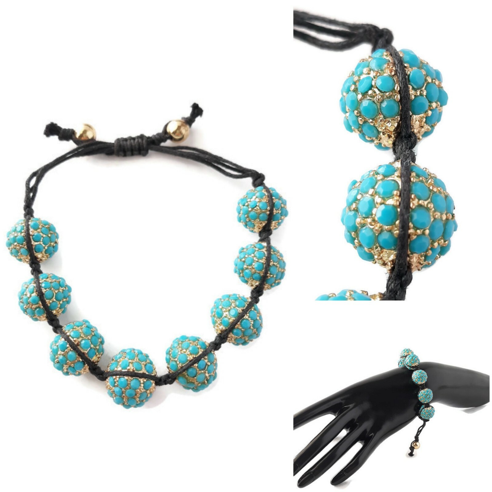 Aqua Turquoise Blue Gold Nugget Shamballa Inspired Br… - Gem