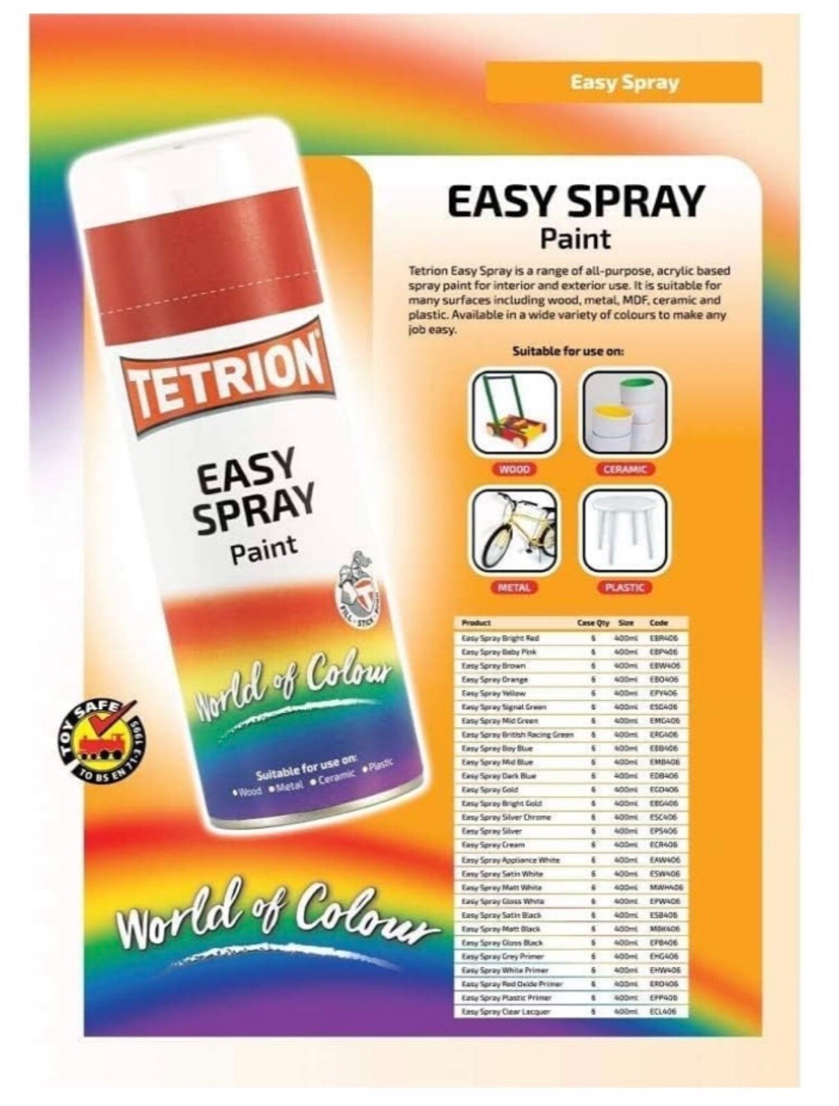 Tetrion Easy Spray Paint For Wood Metal Plastic All Purpose All Colours ...