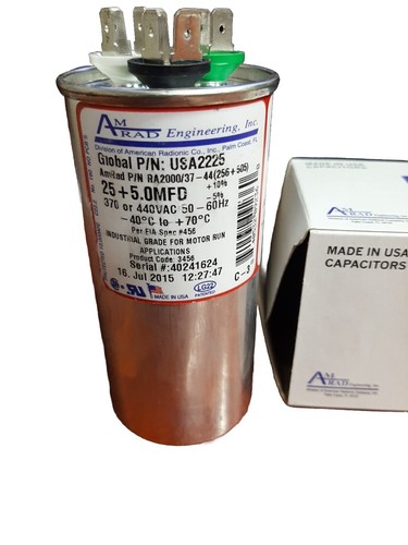 Amrad Run Capacitor 25 + 5 uf MFD 370 / 440 Volt USA2225 Made in USA ...
