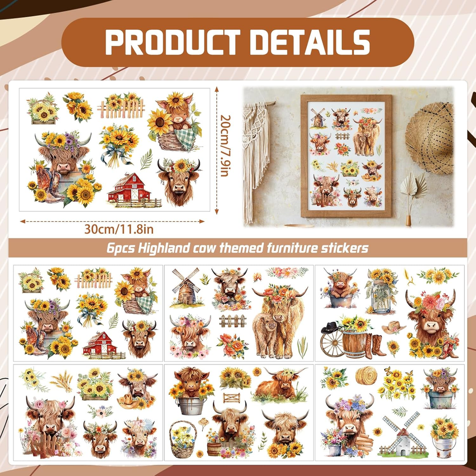 Highland Cow Rub on Transfers - 6 Sheets Sunflower Highland Cow ...