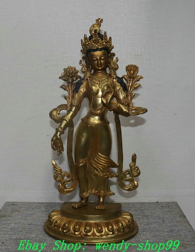 12.6"Old Tibetan Bronze Gold Gild Stand Padmapani Lokeshvara Tara ...
