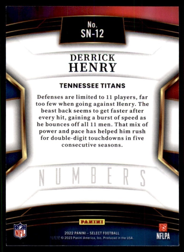 Derrick Henry 2022 Select Tennessee Titans Numbers SN-12 | eBay