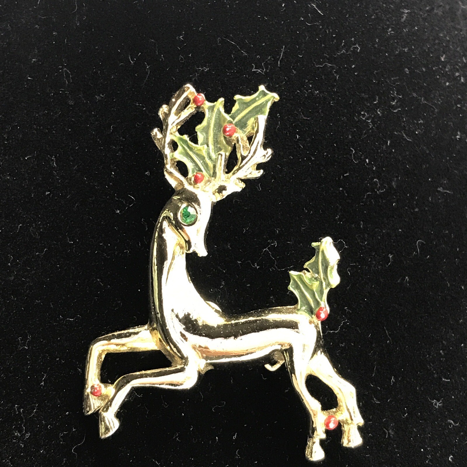 Vintage REINDEER Brooch Pin Green Rhinestone Eye Signed Gerry Costume ...