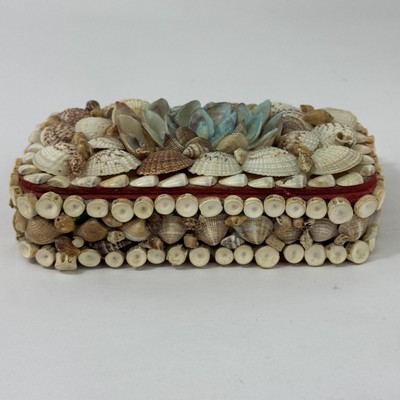 Vintage Seashell Covered Trinket Box Red Velvet Lined Collectible ...