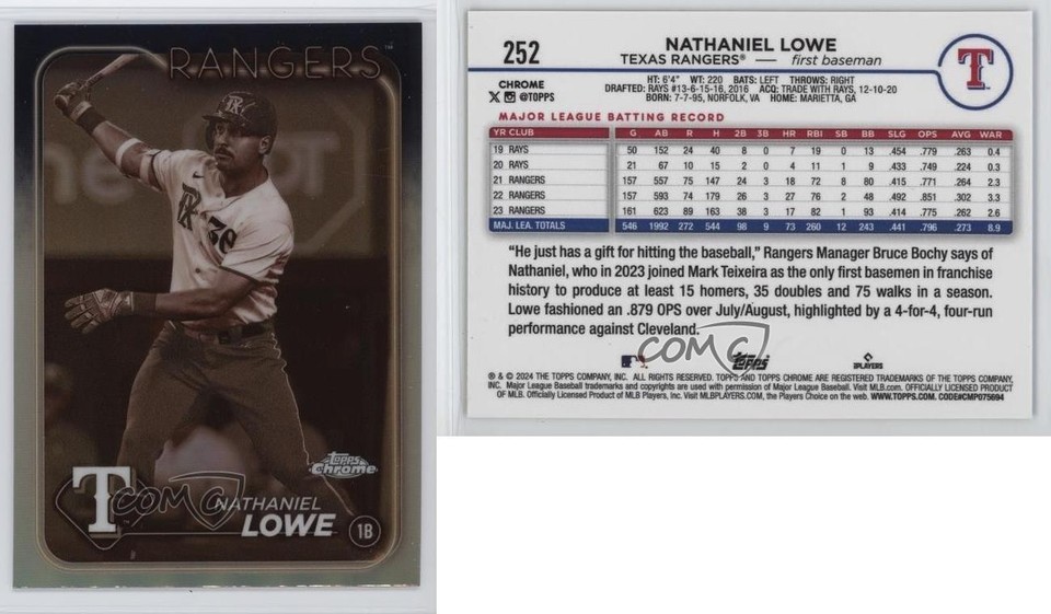 2024 Topps Chrome Sepia Refractor Nate Lowe Nathaniel Lowe #252 1dg3 | eBay