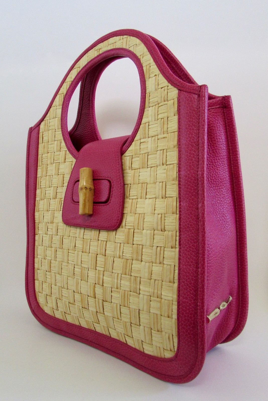 $225 Elaine Turner Pink Leather Straw Tote Handbag with Bamboo Toggle ...