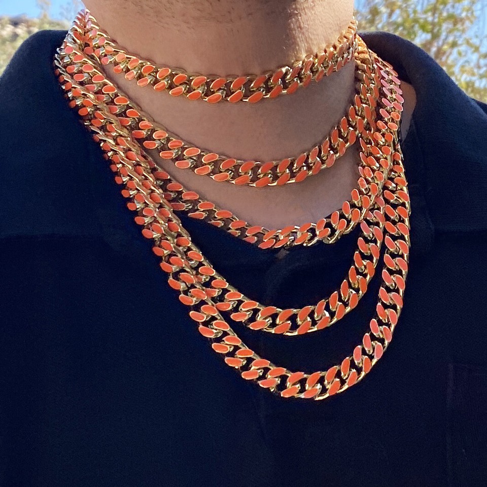 14K Gold Plated Orange Miami Cuban Link Chain 16"-24" Hip Hop Necklace ...