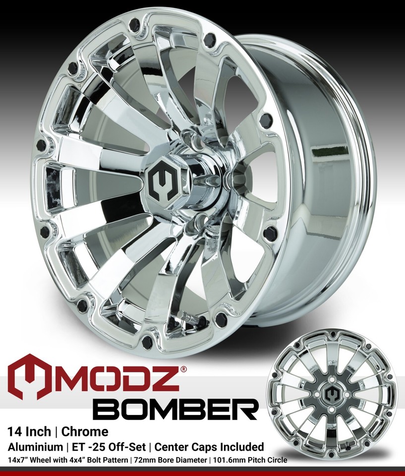 MODZ 14" Bomber Chrome Golf Cart Wheels and Tires (205-30-14) Set of 4 ...