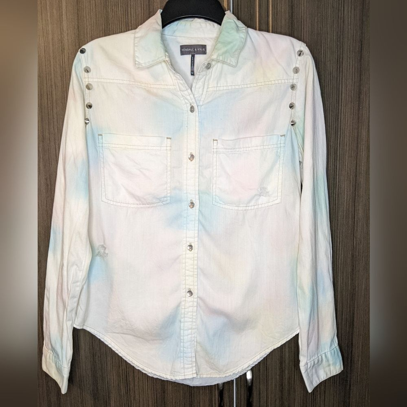 Kendall & Kylie Distressed Pastel Tye Dye Button Down… - Gem