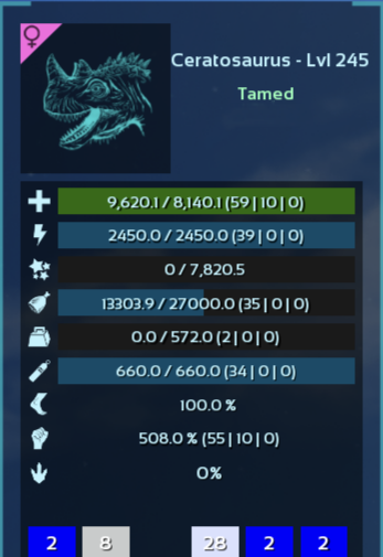 ARK Survival Ascended PvE PC/XBOX/PS5 Top Stats Blue Ceratosaurus 508M ...