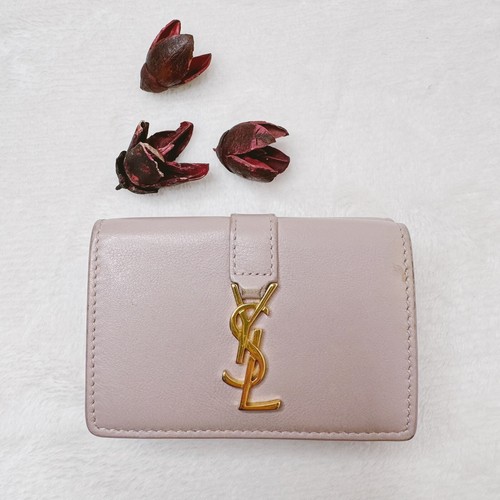 Yves Saint Laurent YSL Compact Trifold Wallet Cassandra Pink Beige Gold ...