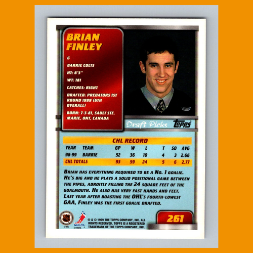 Brian Finley #261 1999 Topps Barrie Colts Hockey Card NHL NM | eBay