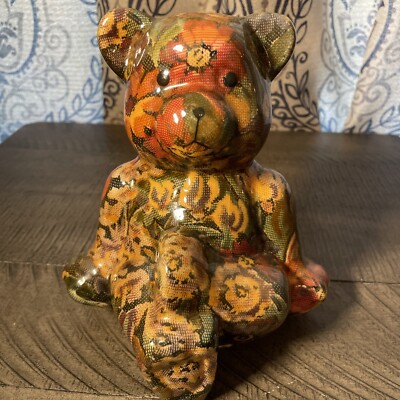 Ceramic Teddy Bear Figure Shelf Sitter Covered w/ Flowered Decoupage ...