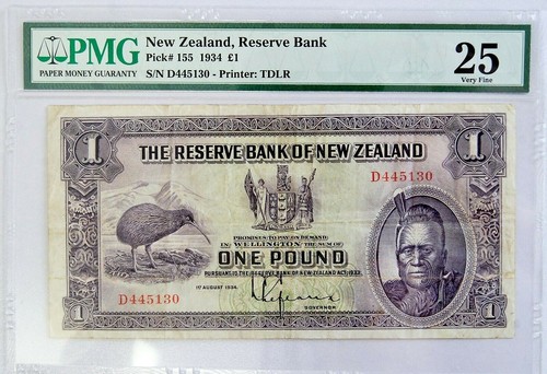 1934 1 Pound New Zealand Maori Chief Note Pick#155 (PMG 25 Very Fine ...