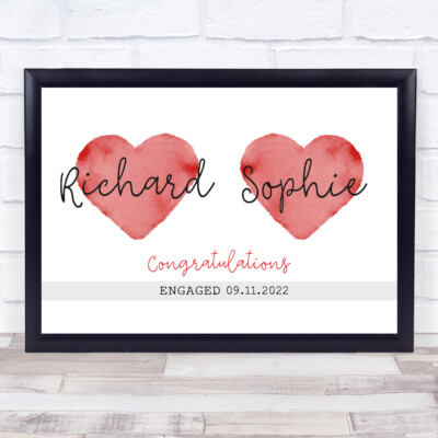 Engagement Congratulations 2 Hearts Names Personalised Gift Art Print ...