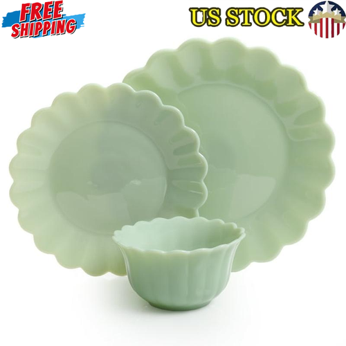 Jade Glass Dinnerware Set 3-Piece Retro Style Scalloped Edges ...