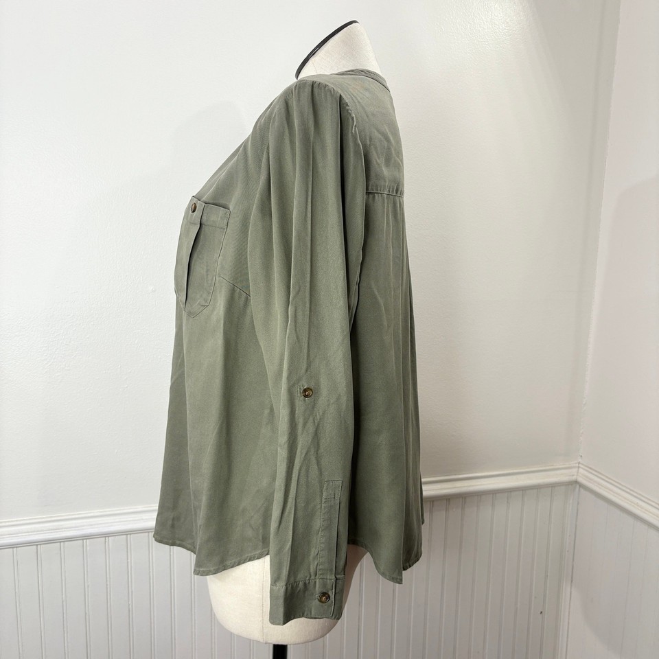 J Jill Plus Size 2X Top Button Up 100% Tencel Olive Green Roll Tab ...