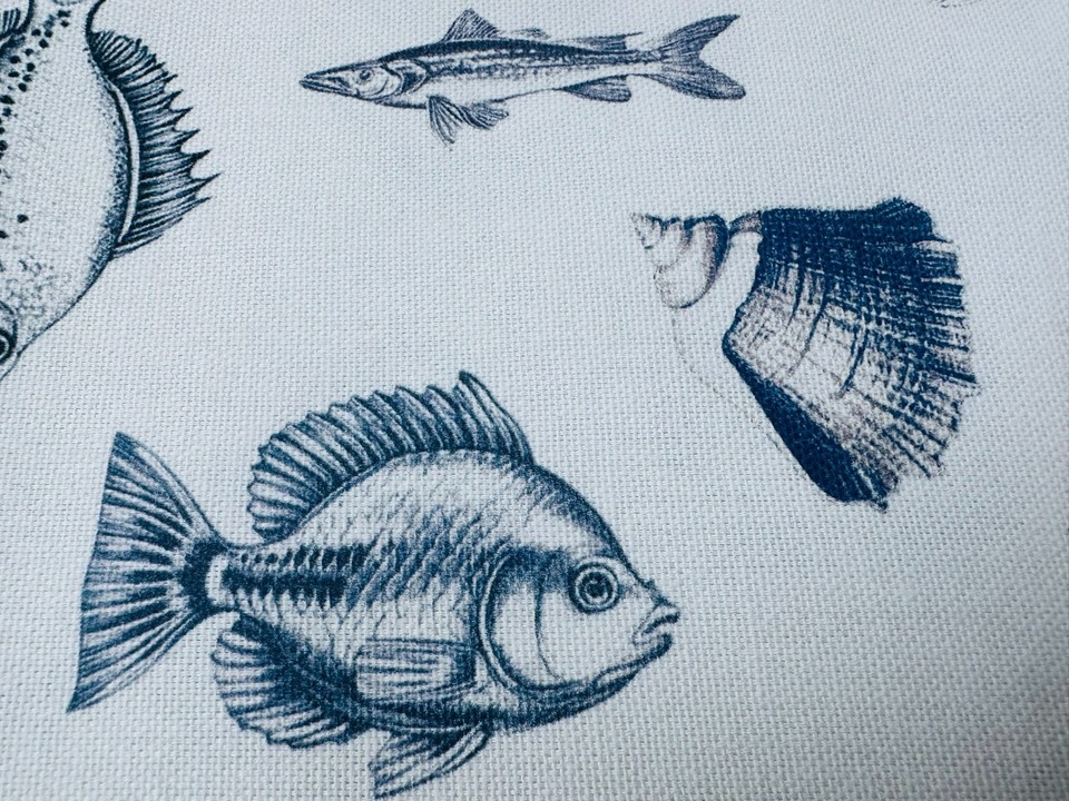 Navy Fish Cotton Fabric Seashell Coastal Print Home Decor Curtain ...