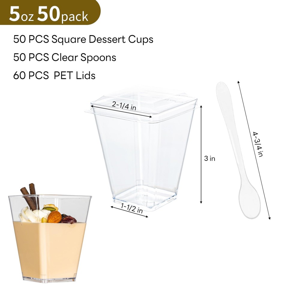 50 Pack 5 oz Mini Dessert Cups Spoons Lids Clear Square Bowls Plastic ...