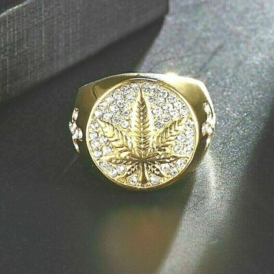 Round Cut Simulated Diamond Weed Leaf Band Cluster Ring 14K Yellow Gold ...
