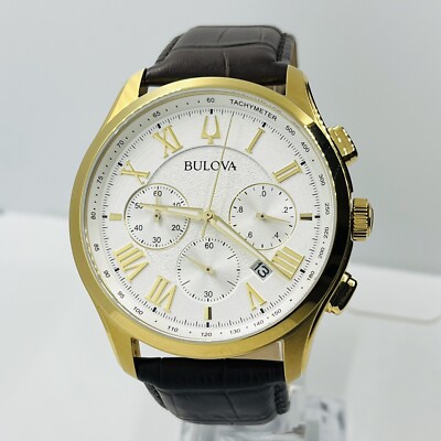 Bulova Men's Wilton Chronograph Gold Steel Leather 46mm Steel Watch ...