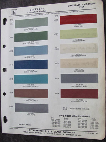 1959 Chevy and Corvette Color Paint Chip Sheet | eBay