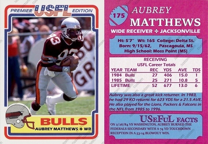 Aubrey Matthews 1984 USFL Custom Card Jax Bulls Pack Lions Falcons | eBay