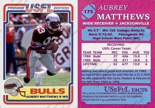 Aubrey Matthews 1984 Style USFL Custom Card Jax Bulls Pack Lions ...