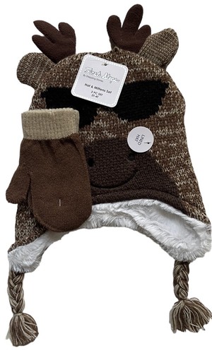 First Steps Hat Mittens 2 Piece Set Toddler 2T-4T Reindeer Lined Brown ...