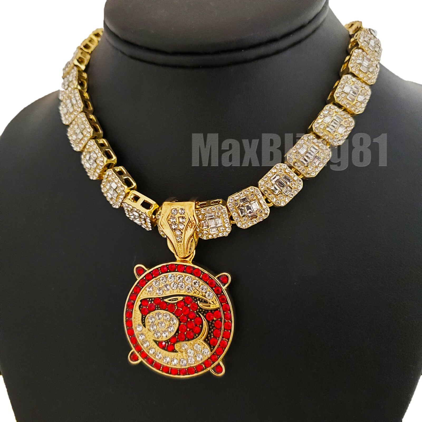 Hip Hop Gold THUNDER CAT Pendant & 16" 18" Iced Baguette Choker Chain ...