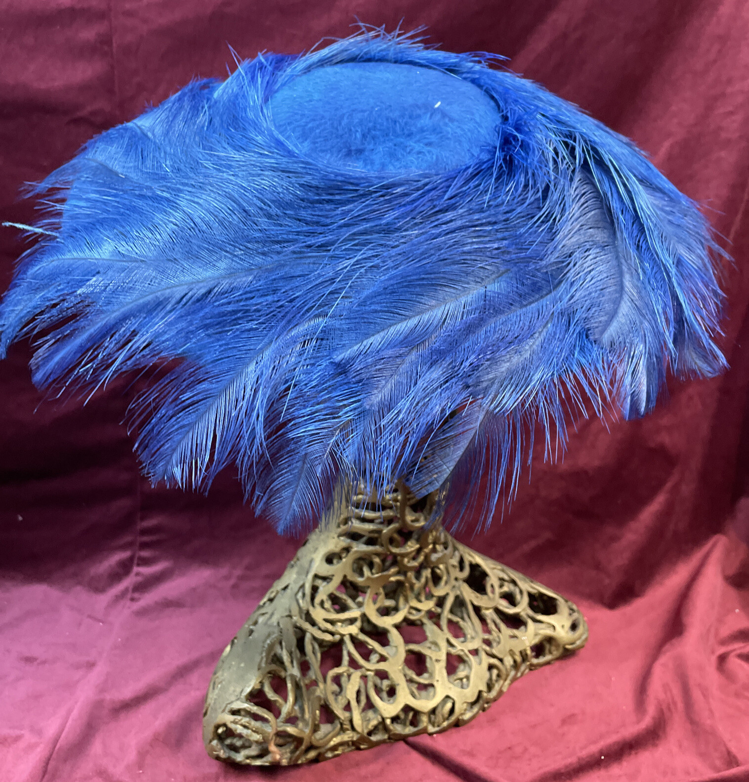 Vintage Saucer Blue Peacock Feathers Hat 1950s Flo ra… - Gem