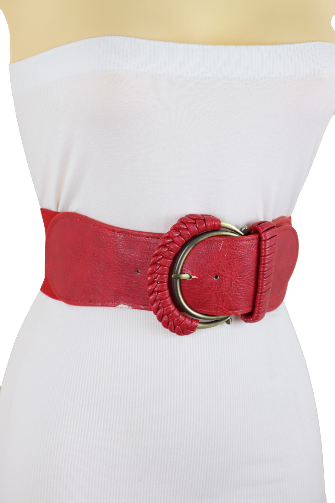 Women Red Elastic Waistband Belt Hip High Waist Gold Buckle Adjustable ...