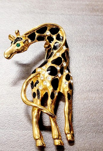 Vtg Gold Tone Black Spot Enamel Animal Giraffe Large Brooch Pin Green ...