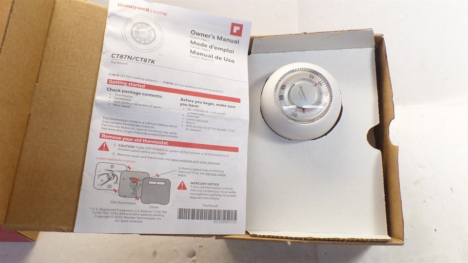 HONEYWELL CT87N ROUND NON-PROGRAMMABLE THERMOSTAT 1H/1C 1 STAGE HEATING ...