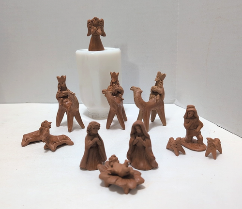 Vintage Handmade Terra Cotta Mini Clay Christmas Nativity Set 12 Pieces ...