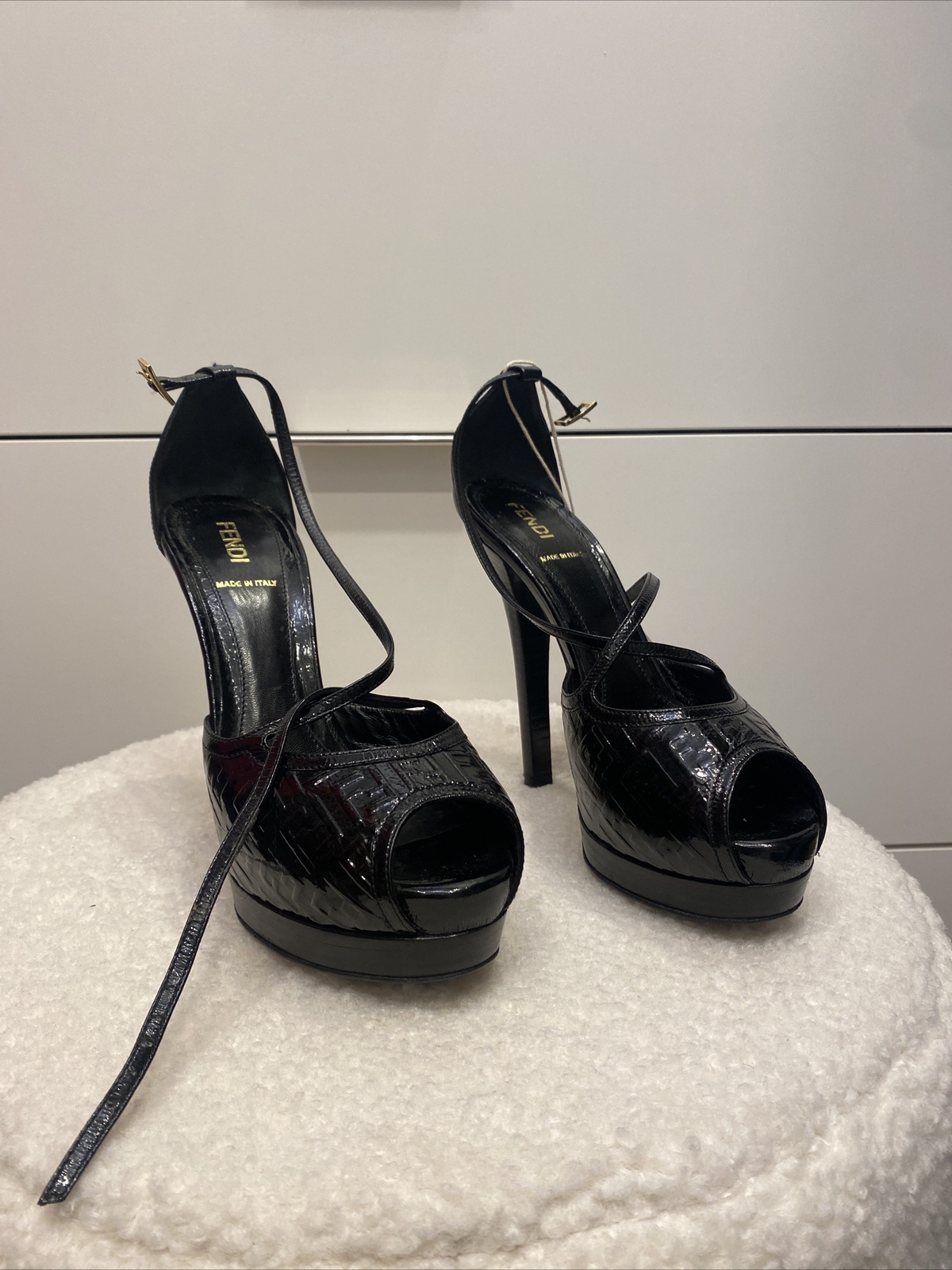 Fendi Logo Patent Black Leather Platform Sandals 37 - Gem