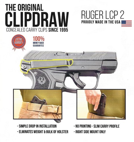 Clipdraw Belt Clip for Ruger LCP 2 II 380 & .22 IWB Black - Right LCP ...
