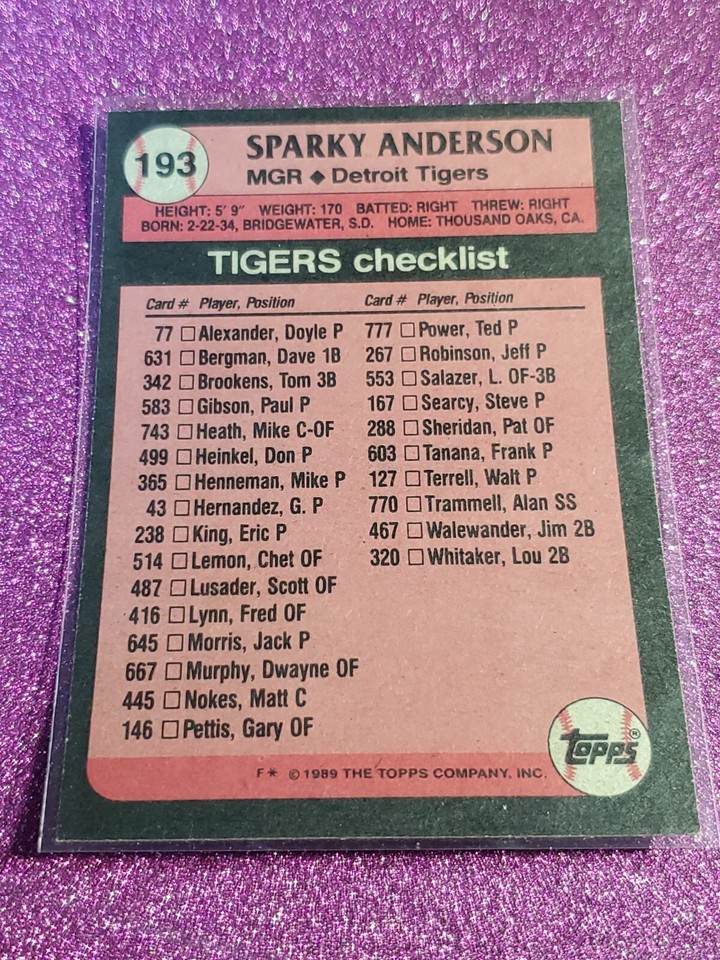 1989 Topps #193 Sparky Anderson Detroit Tigers Manager | eBay