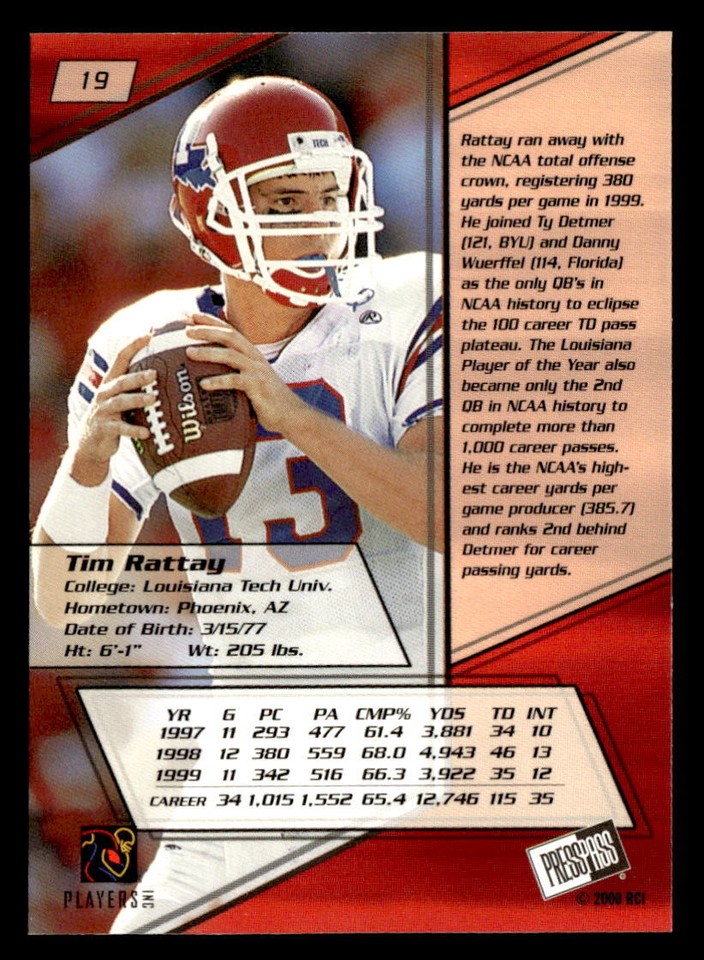 Tim Rattay 2000 Press Pass Gold Card #19 Louisiana Tech Bulldogs | eBay