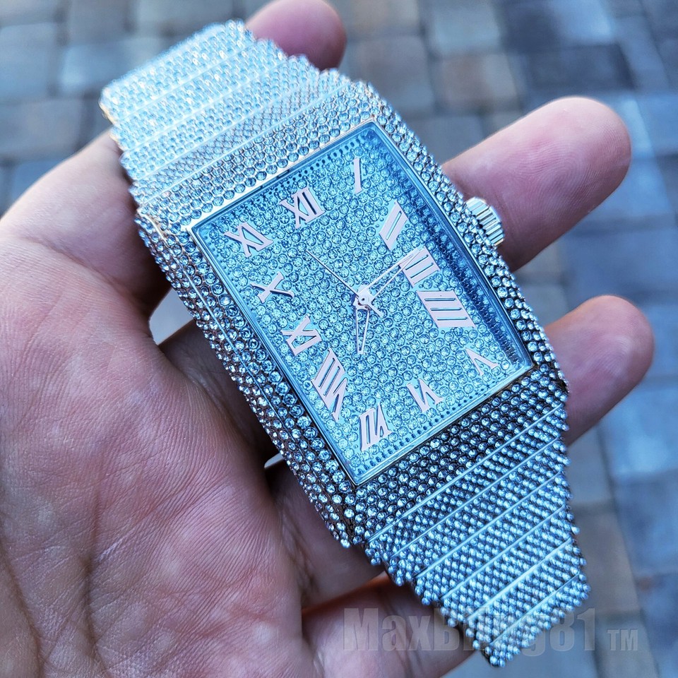 Hip Hop Watch Men Full Iced Band Silver Luxury Bling Simulated Diamond ...