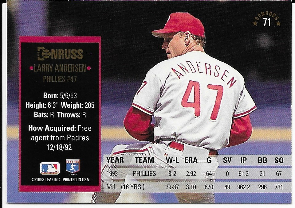 1994 Donruss #71 Larry Andersen Philadelphia Phillies | eBay